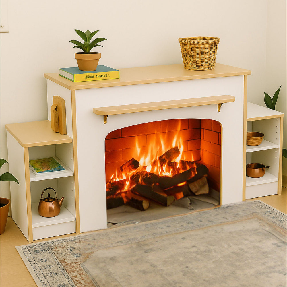 Warm and Welcoming Kids’ Fireplace with White Wooden Frame | Cozy ...
