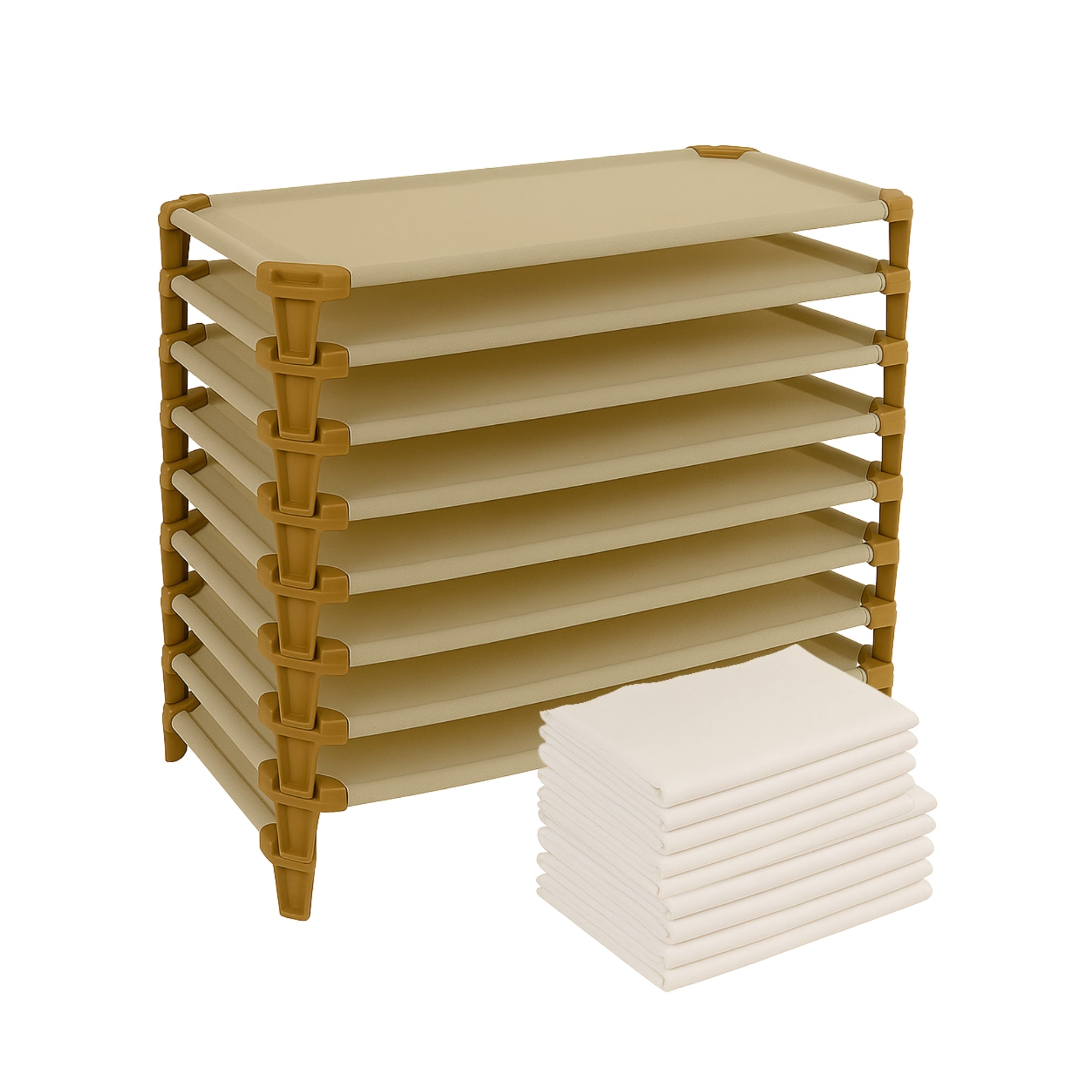 Standard Stackable Cot and Sheet Set Bundle – 8 Cots + 12 Sheets