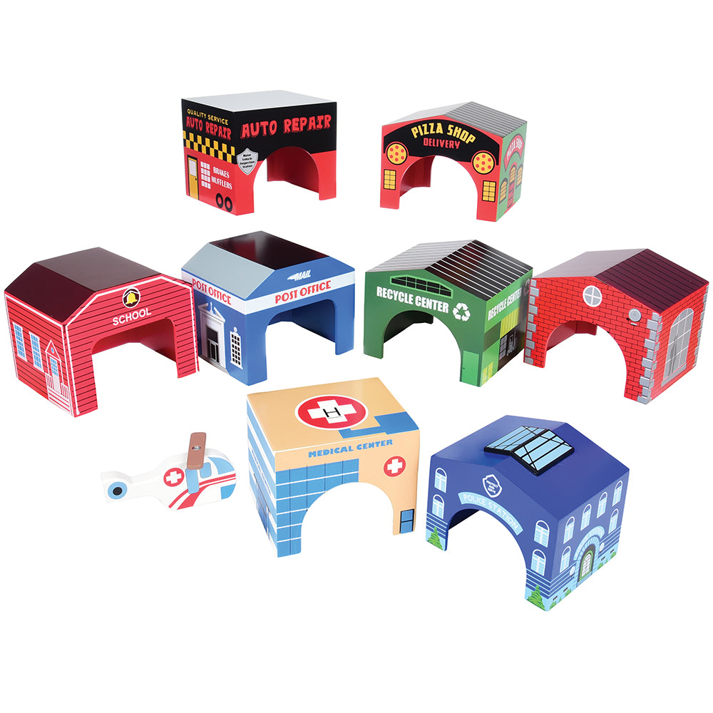 Wooden Community Buildings & Helicopter Set | 9-Piece Imaginative Block ...