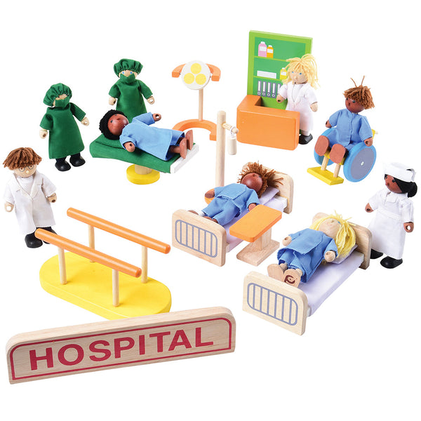 Hospital Play Set | 27-Piece Wooden Medical Playset with Figures, Beds ...