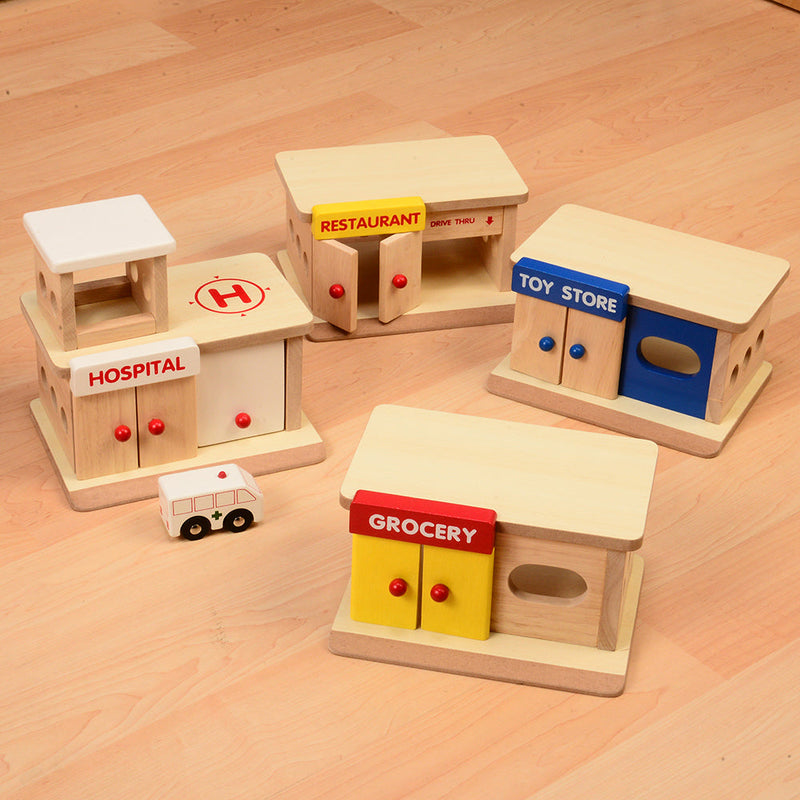 Block Play Set: Hospital, Toy Store, Grocery and Restaurant